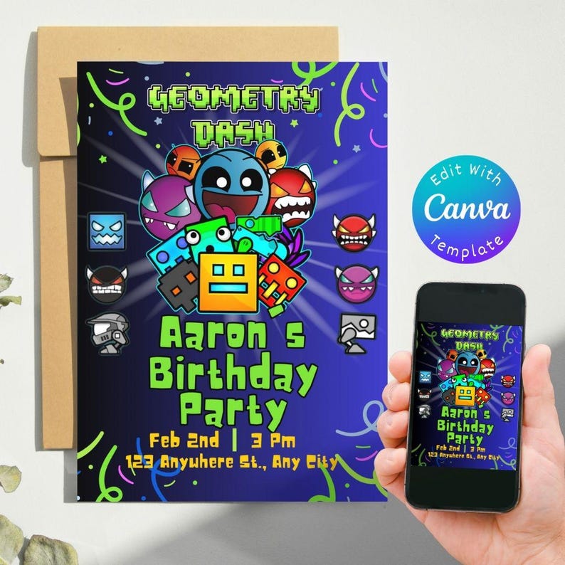 Editable Geometry Dash Birthday Invitation Kids Geometry Dash ...