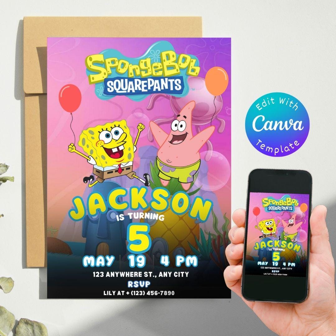 Editable Spongebob Birthday Invitation Kids Birthday Gift Digital Party ...