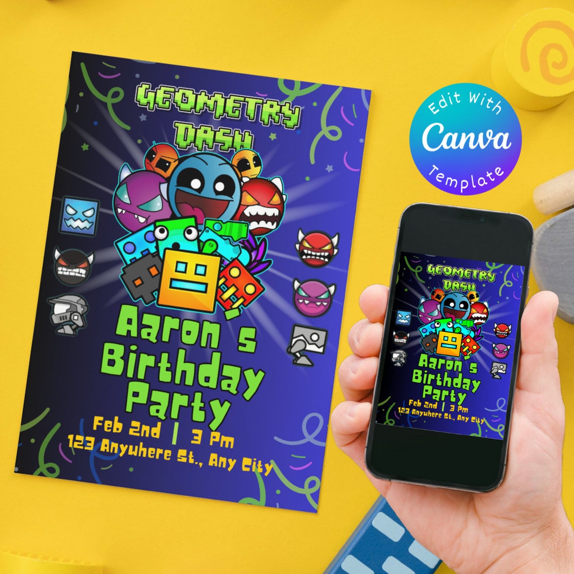 Editable Geometry Dash Birthday Invitation Kids Geometry Dash ...
