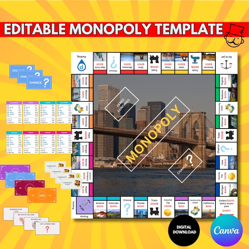 Custom Monopoly Game Board Template, DIY Personalized Design (digital ...