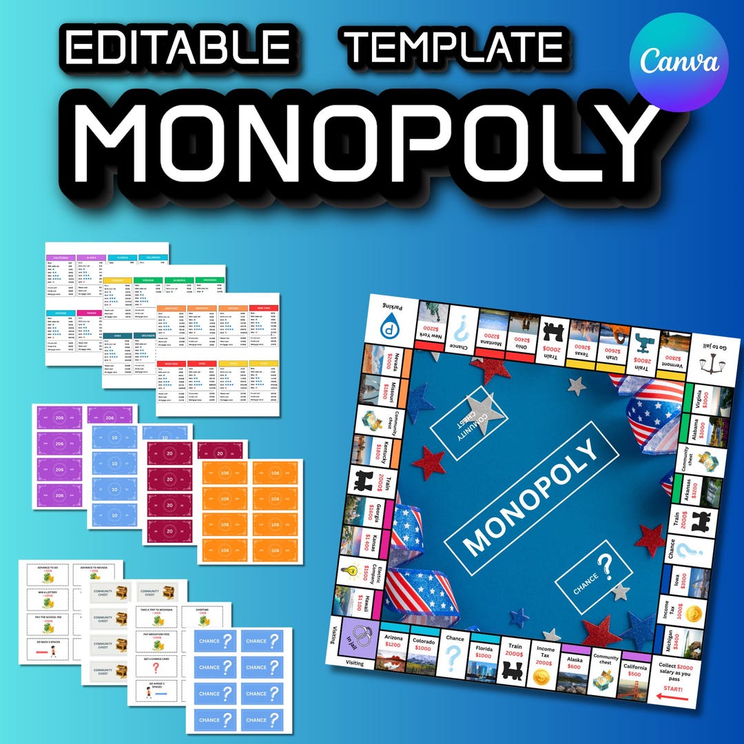 Editable Monopoly Template Canva Gameboard DIY Game Personalized ...