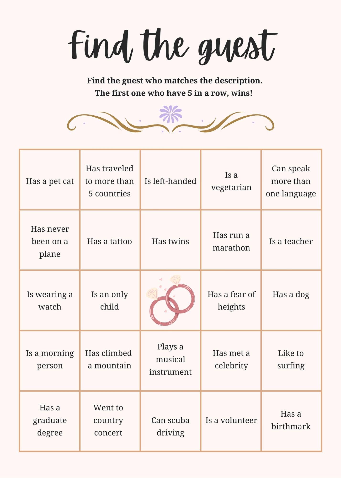 Bridal Shower Wedding Game Bridal Shower Party Get to Know You Bingo ...