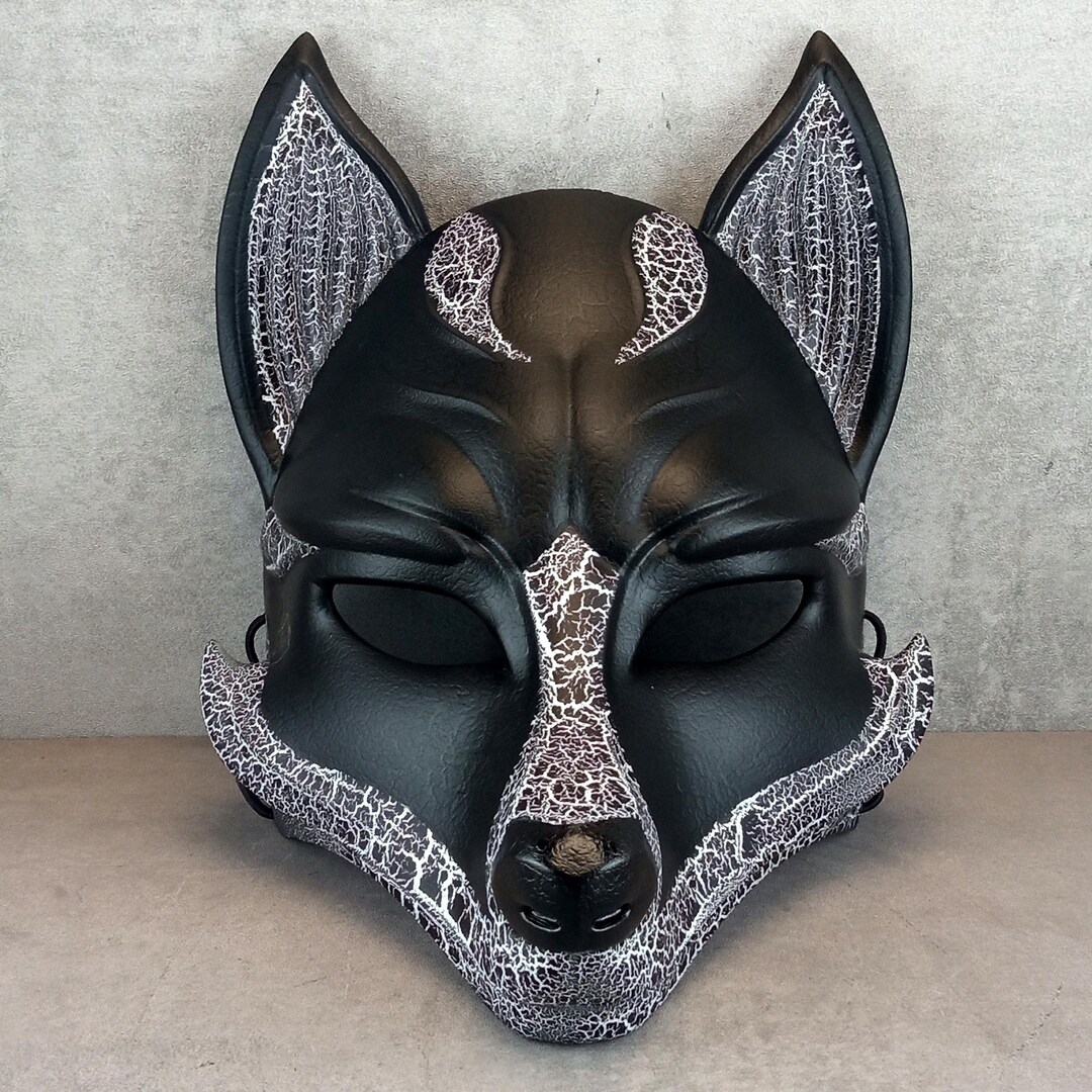 Black and White With Cracks Okami Mask, Black and White Kitsune Mask ...