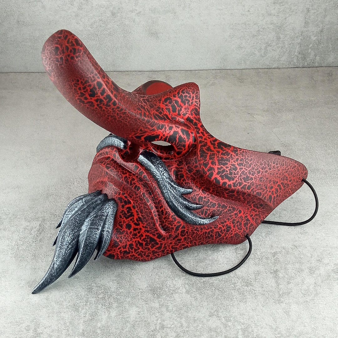 Red Tengu Mask With Cracks, Traditional Japanese Mask, Wearable Mask ...