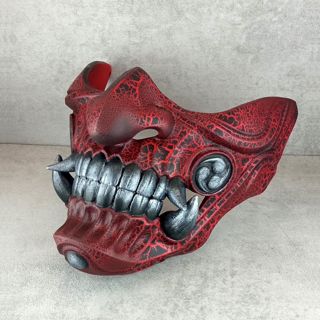 Red Cracks Samurai Mask, Traditional Japanese Hannya Mask, Wearable ...