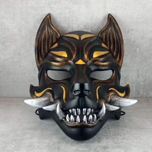 Black With Gold Okami Mask, Kitsune Mask, Traditional Japanese Mask ...