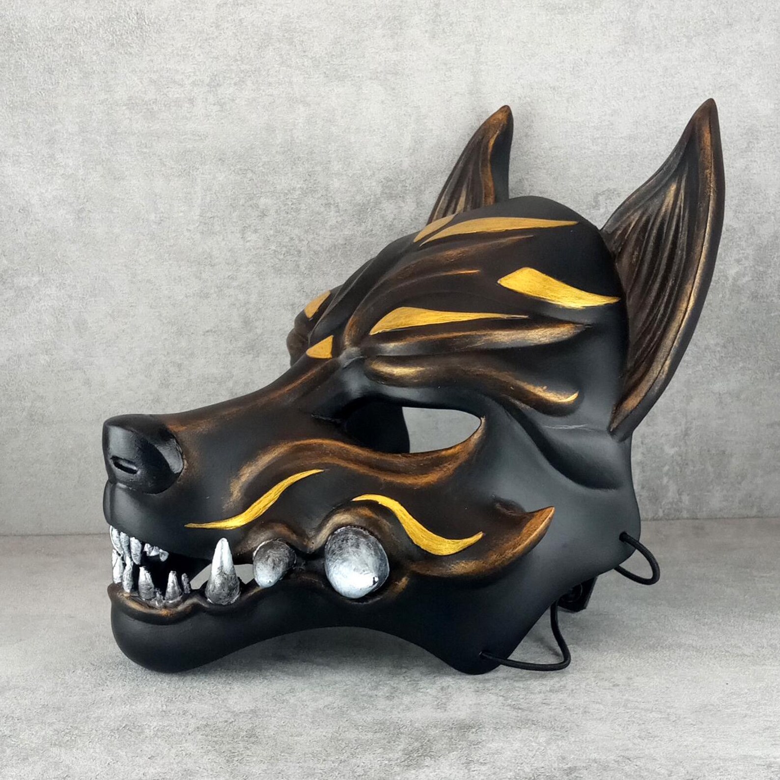 Black With Gold Okami Mask, Kitsune Mask, Traditional Japanese Mask ...