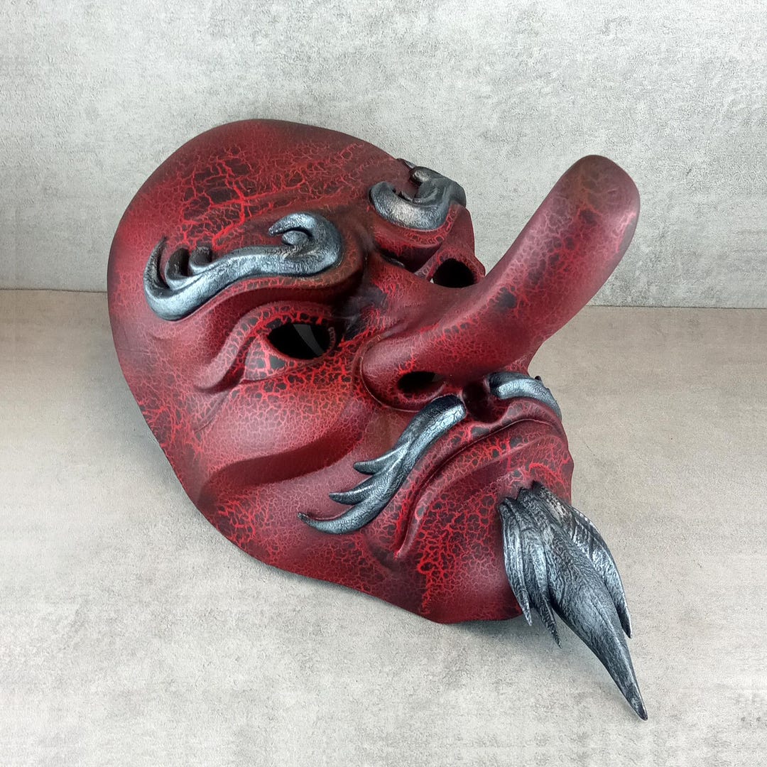 Red Tengu Mask With Cracks, Traditional Japanese Mask, Wearable Mask ...