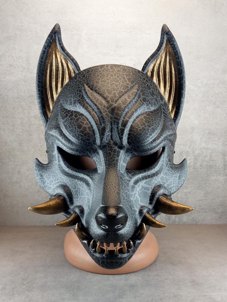 Gray and Black Okami Mask – Japanese Wolf Mask, Yokai Cosplay, Kitsune ...