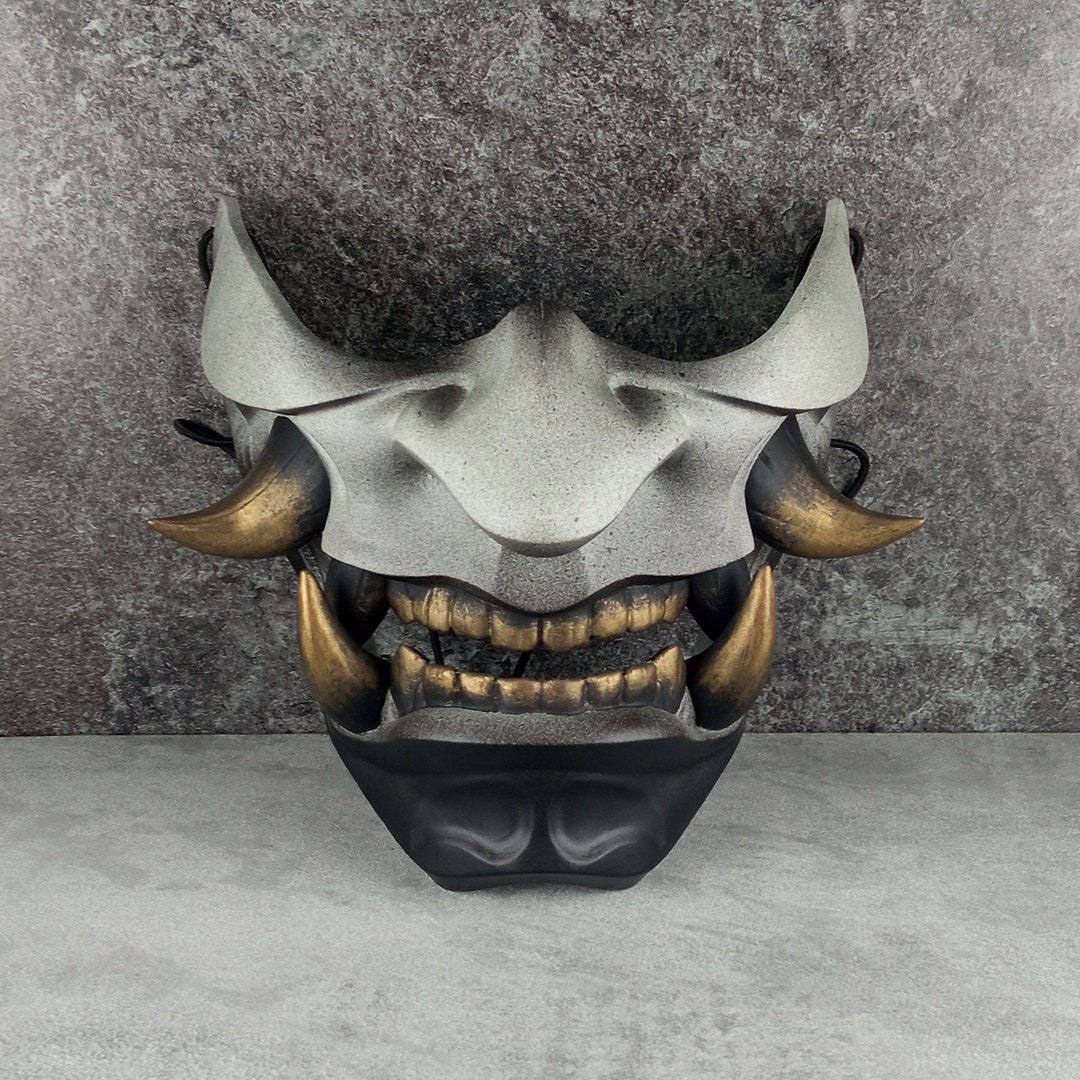 Black and Gray Samurai Mask, Traditional Japanese Hannya Mask, Wearable ...