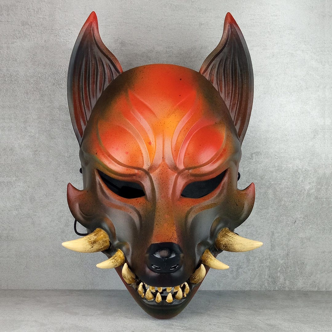 Red Kitsune Mask, Okami Mask, Traditional Japanese Mask, Youkai Mask ...