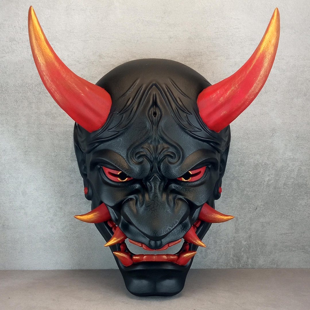 Fire Demon, Black Mask With Red Horns,traditional Japanese,hannya Mask ...
