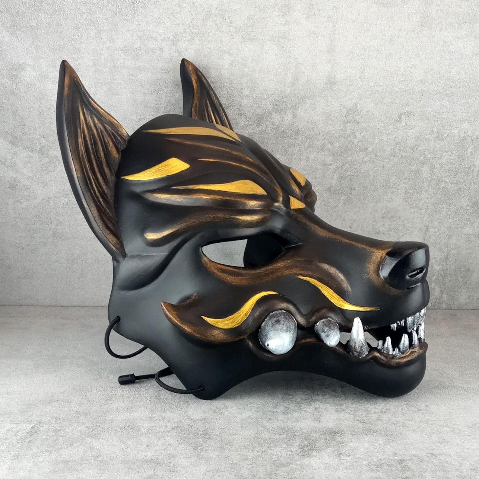 Black With Gold Okami Mask, Kitsune Mask, Traditional Japanese Mask ...