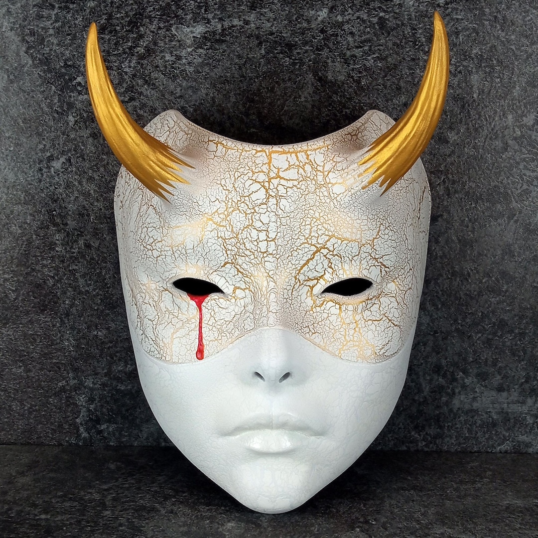 Geisha Mask – the Bloody Tear: White Witch With Golden Horns - Etsy