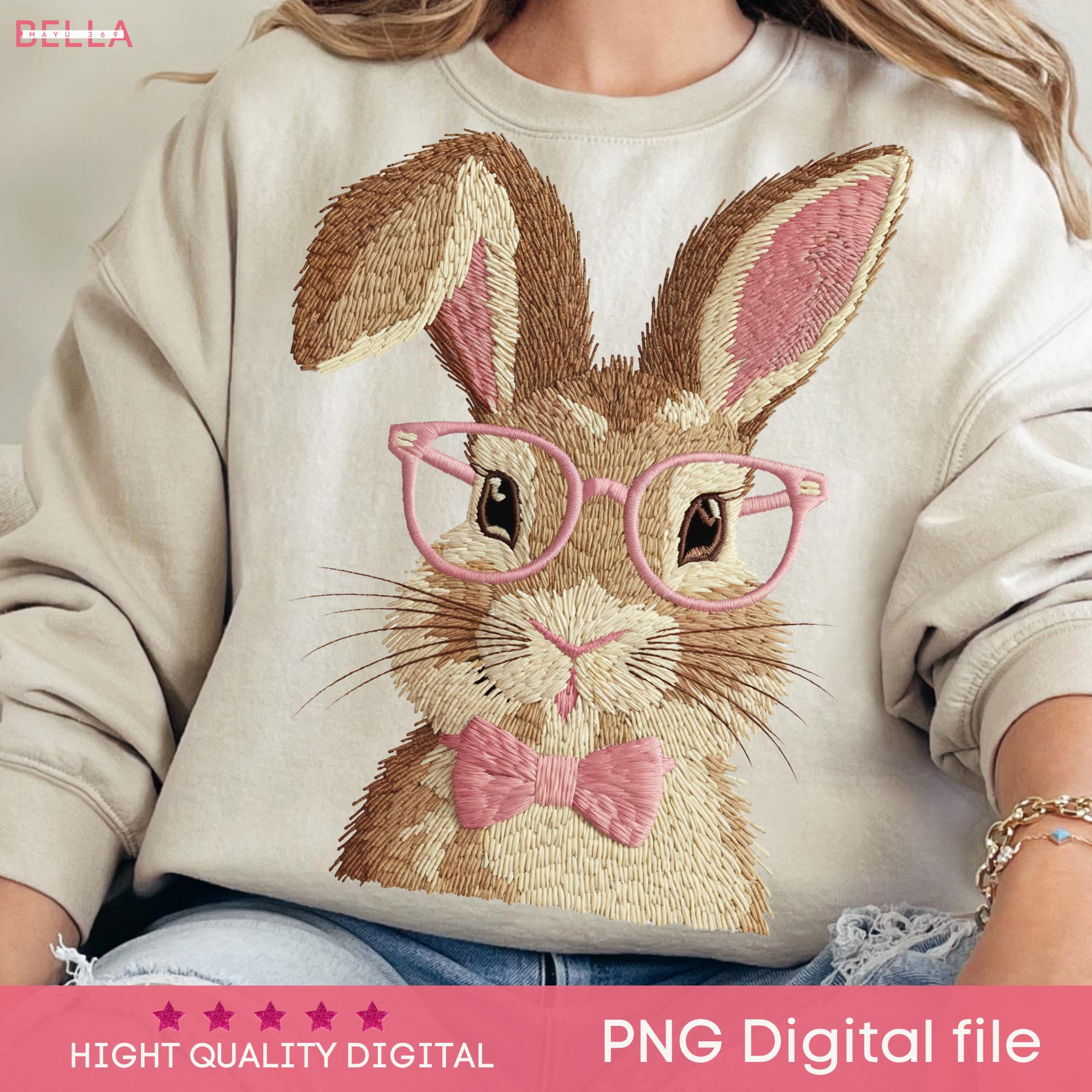 Embroidered Bunny With Glasses PNG, Cute Easter Rabbit Clipart, Vintage ...