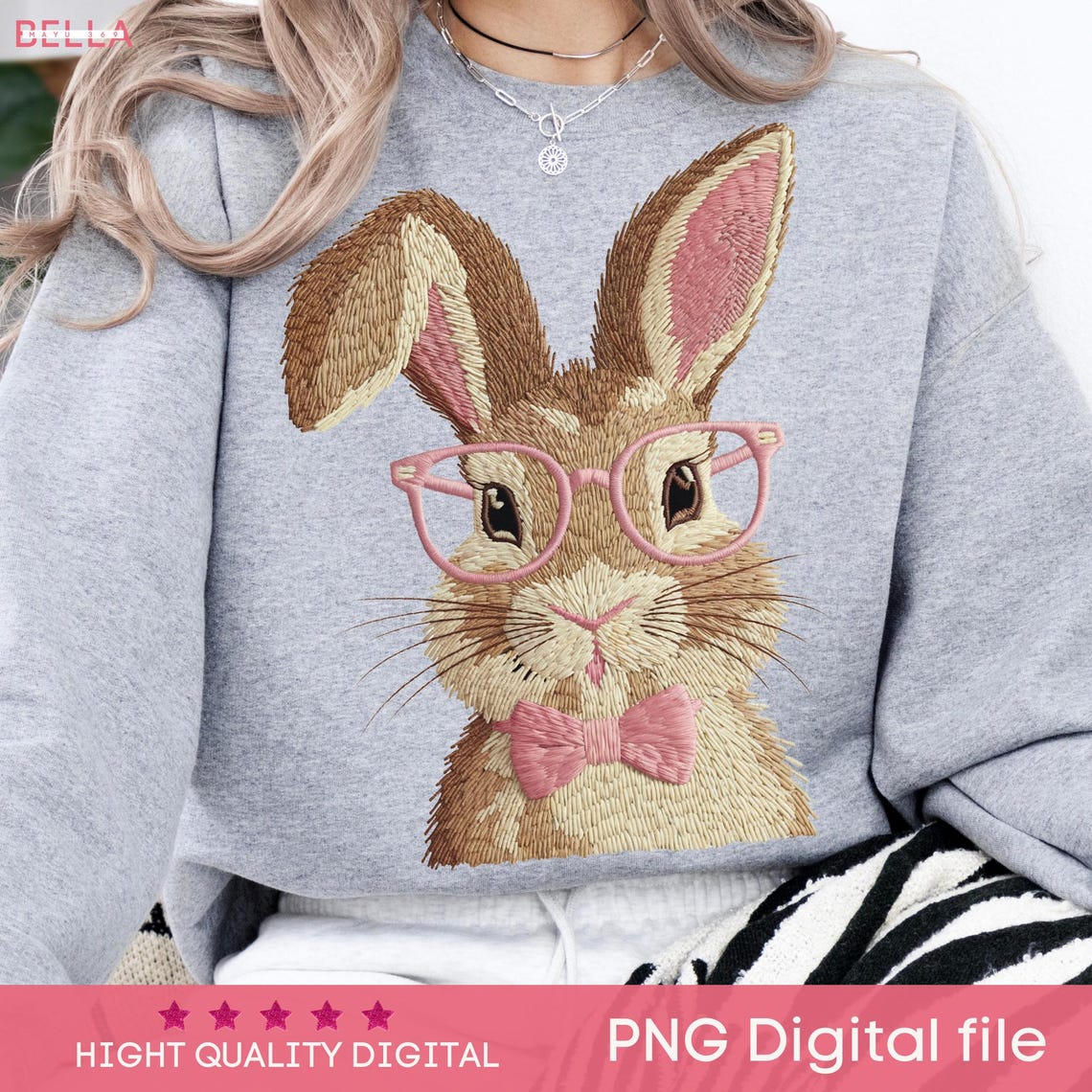 Embroidered Bunny With Glasses PNG, Cute Easter Rabbit Clipart, Vintage ...