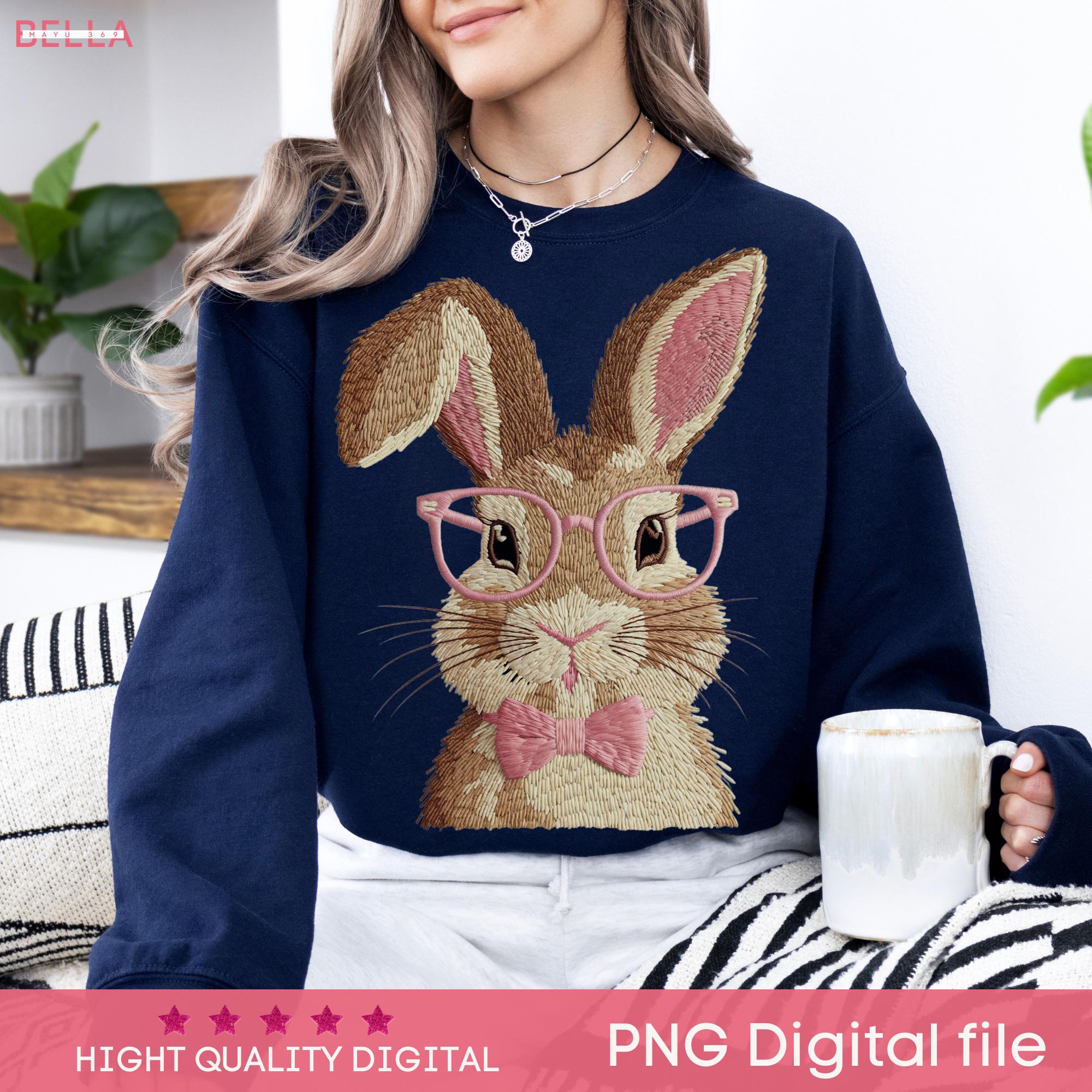 Embroidered Bunny With Glasses PNG, Cute Easter Rabbit Clipart, Vintage ...