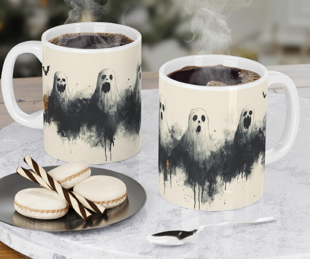Halloween Ghosts Mug, Black & White Halloween Coffee Cup, Ceramic ...
