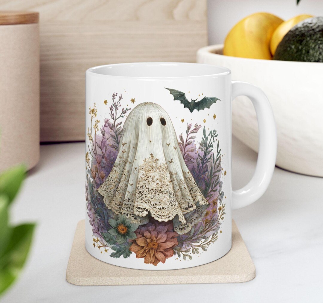 Vintage Lace Ghost Coffee Mug, Cute Halloween Ghost Ceramic Tea Cup ...