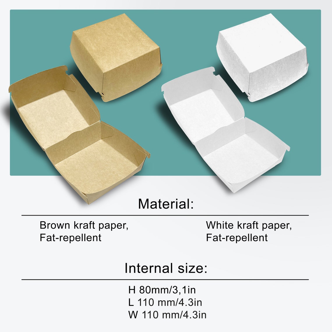 Burger Boxes / Takeout Food Boxes / 4.3x4.3x3.1 in Height / 110x110x80 ...