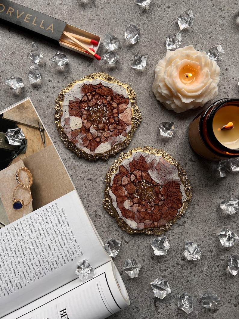 Chocolate and Gold Epoxy Resin Coasters, Aesthetic Decor, Set of 2 ...