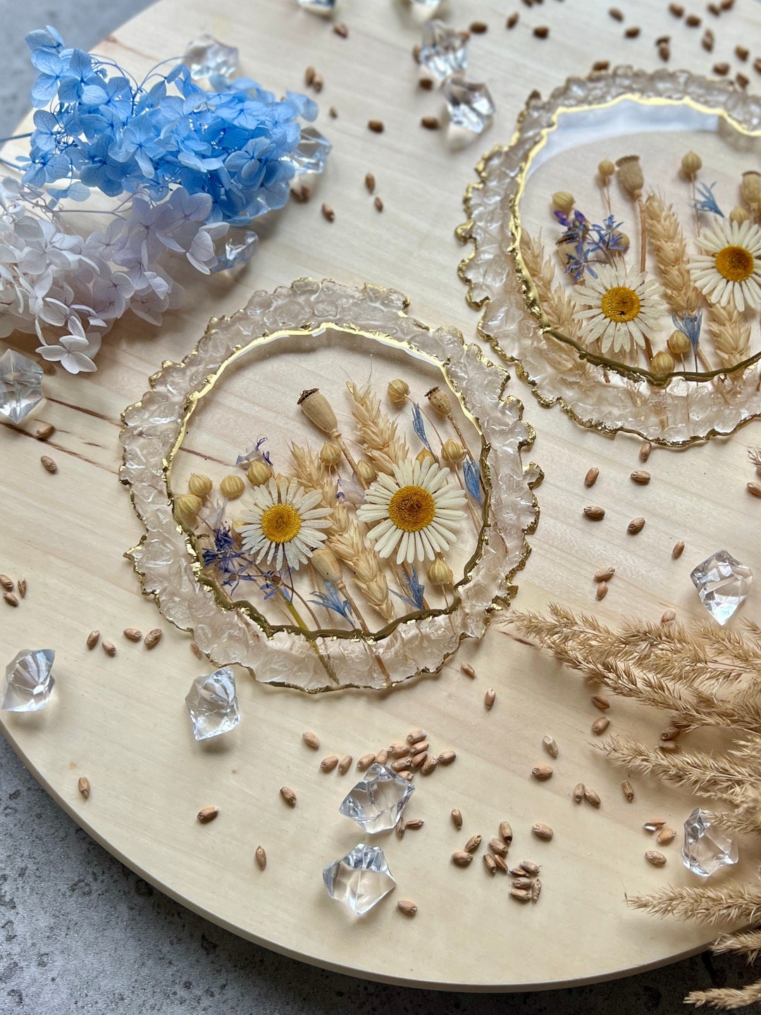 Handmade Dried Flowers Resin Coasters, Tea Coasters, Coaster Set, Tray ...