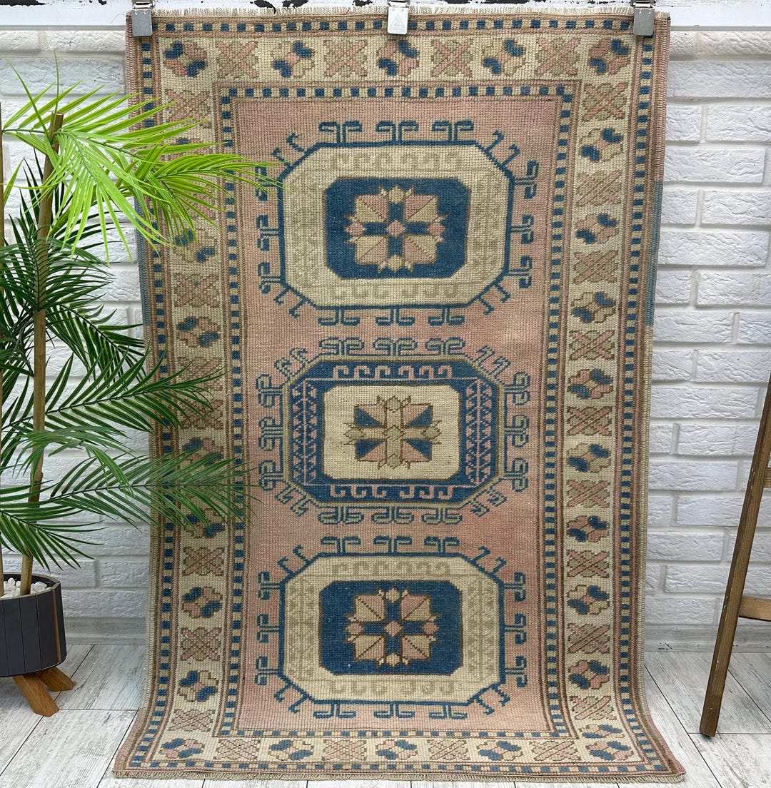 Vintage Turkish Rug, 3x4 Handmade Area Rug, Farmhouse Rug, Oushak Rug ...