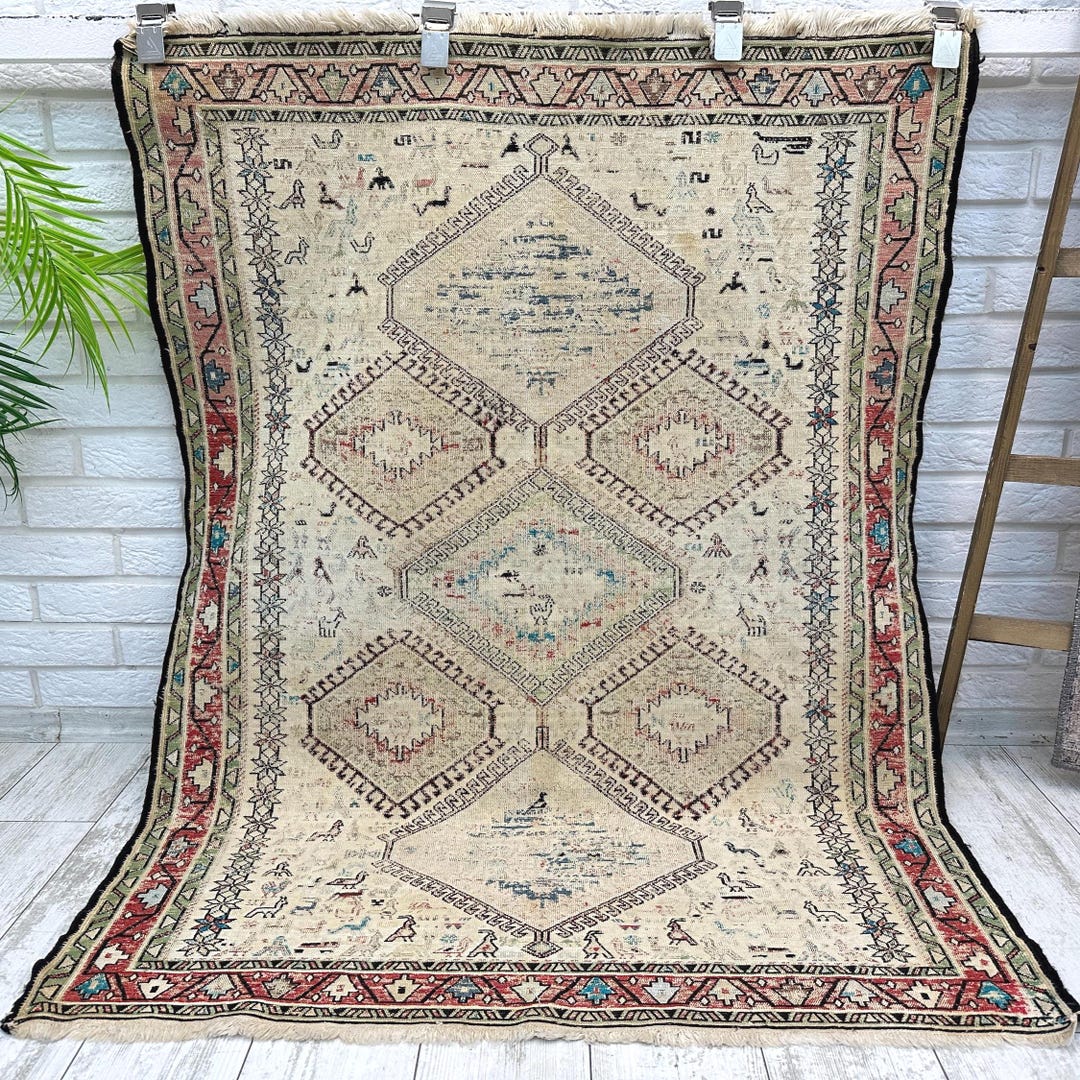 3x4 Turkish Beige Rug, Rustic Geometric Rug, Vintage Area Rug, Boho Rug ...