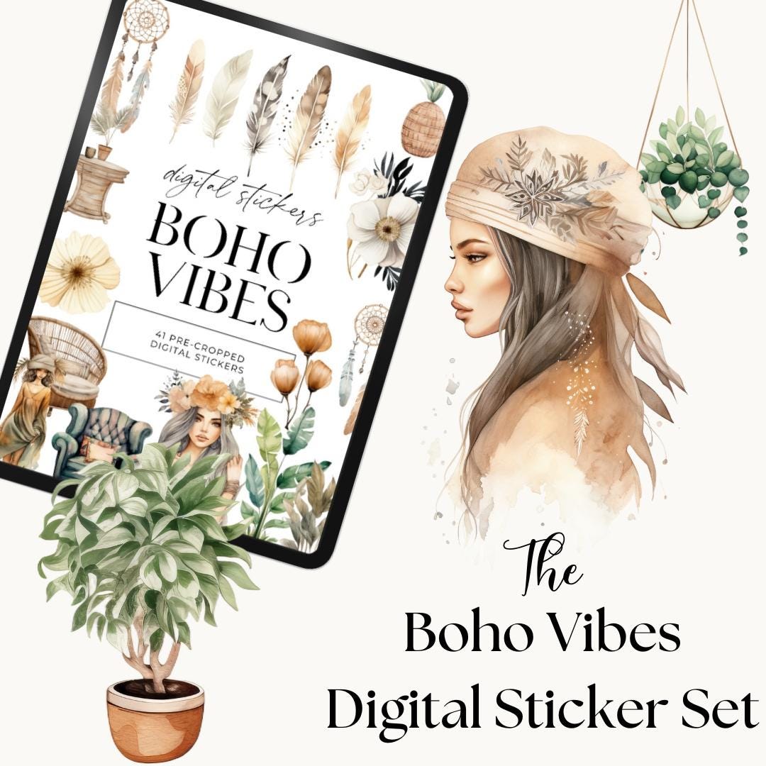 Boho Vibe and Plant Watercolor Digital Sticker Pack PNG Pre-cropped ...