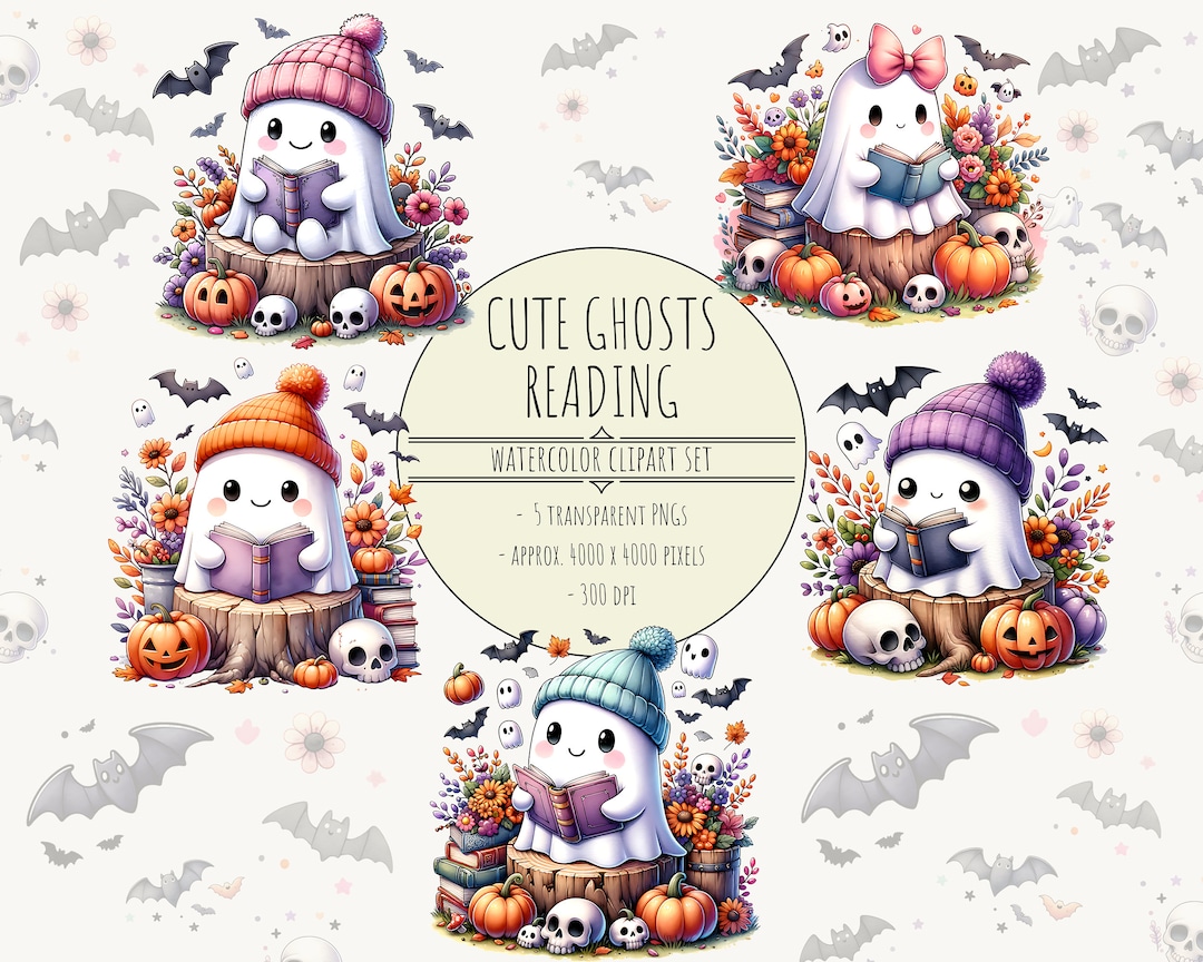 Cute Halloween Ghosts Reading Pngs, Ghost Reading Png, Beanie Ghost Png ...