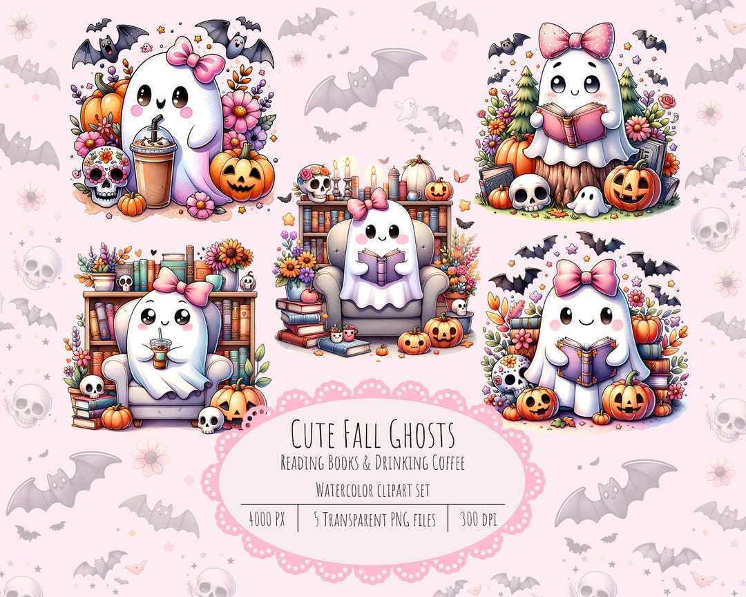 Cute Halloween Ghosts Reading, Pink Bow Ghosts Reading Png, Ghosts ...