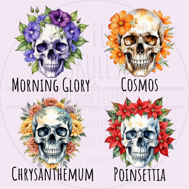 Birth Flower Skull Watercolor Clipart, 24 PNG Set (digital Download) - Etsy