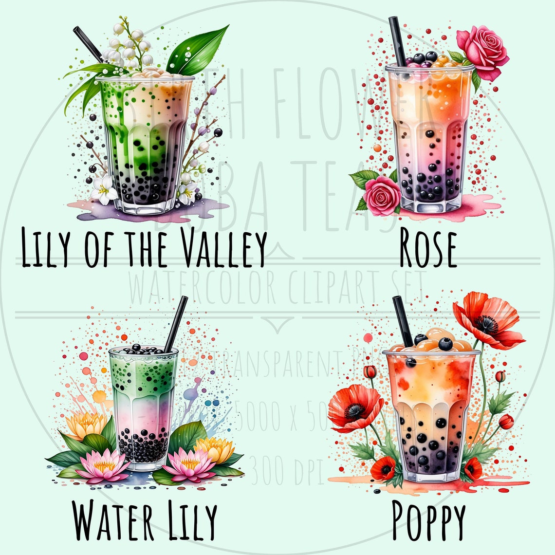 Birth Flower Boba Tea Clipart Set, 12 Pngs, Boba Clipart, Birth Flower ...