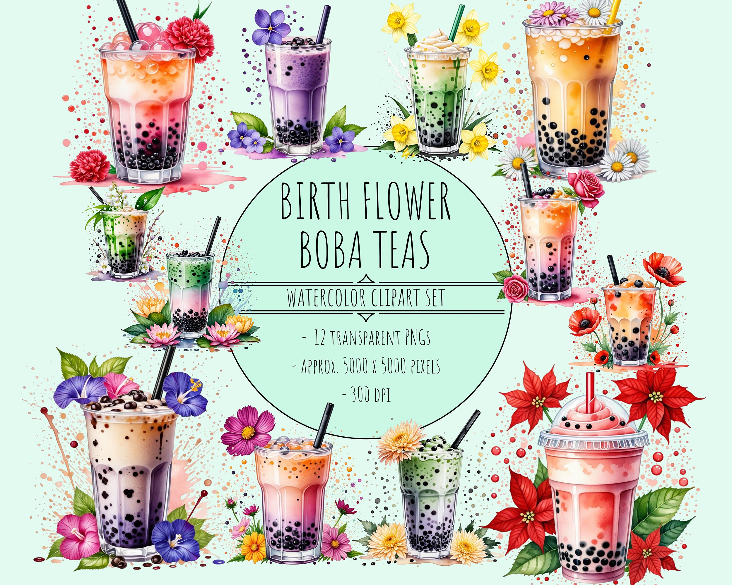 Birth Flower Boba Tea Clipart Set, 12 Pngs, Boba Clipart, Birth Flower ...