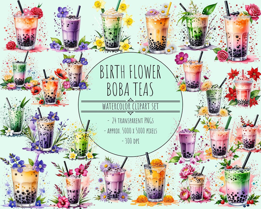 Birth Flower Boba Tea Clipart Set, 24 Pngs, Watercolor Boba Clipart ...