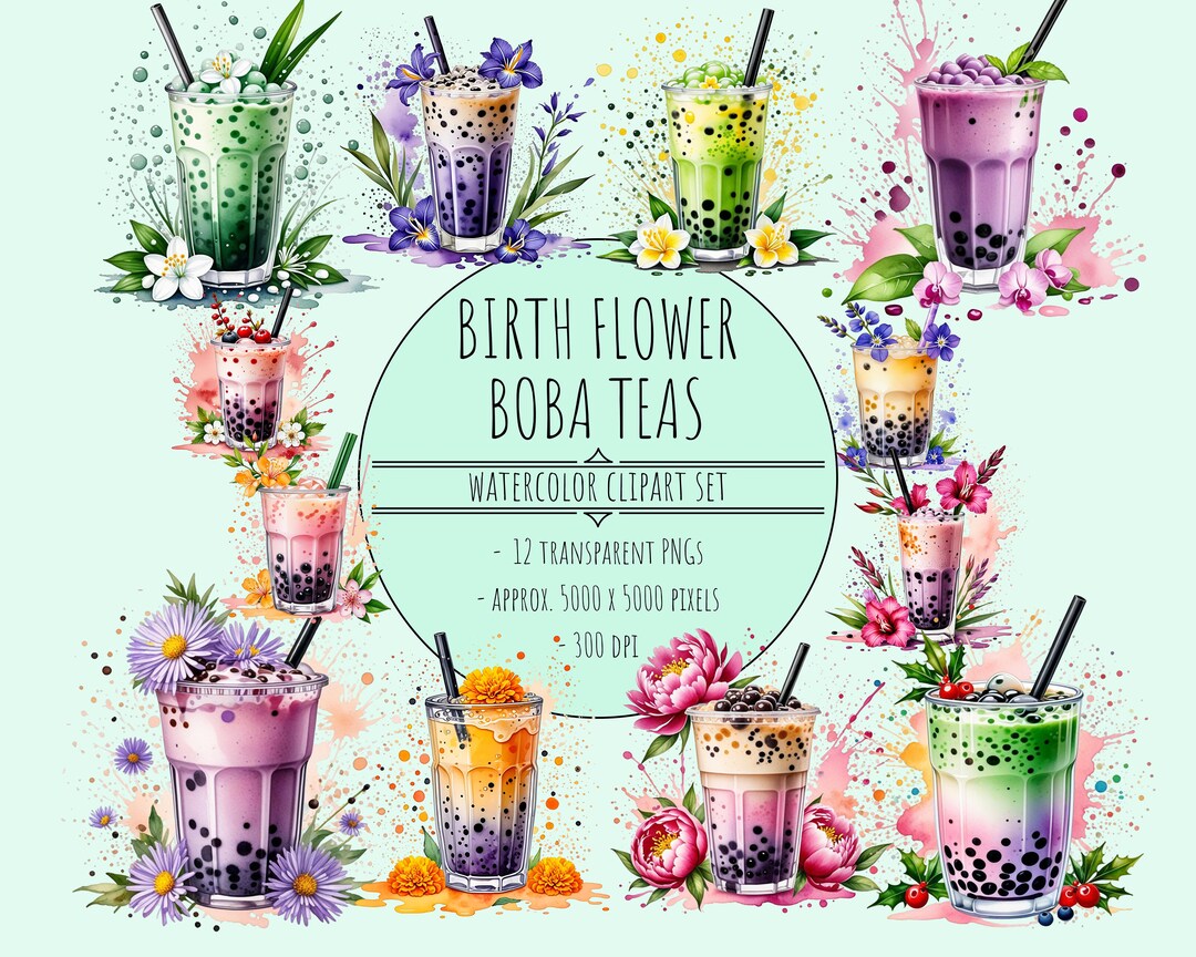 Alternate Birth Flower Boba Tea Clipart, Watercolor Floral Coffee ...