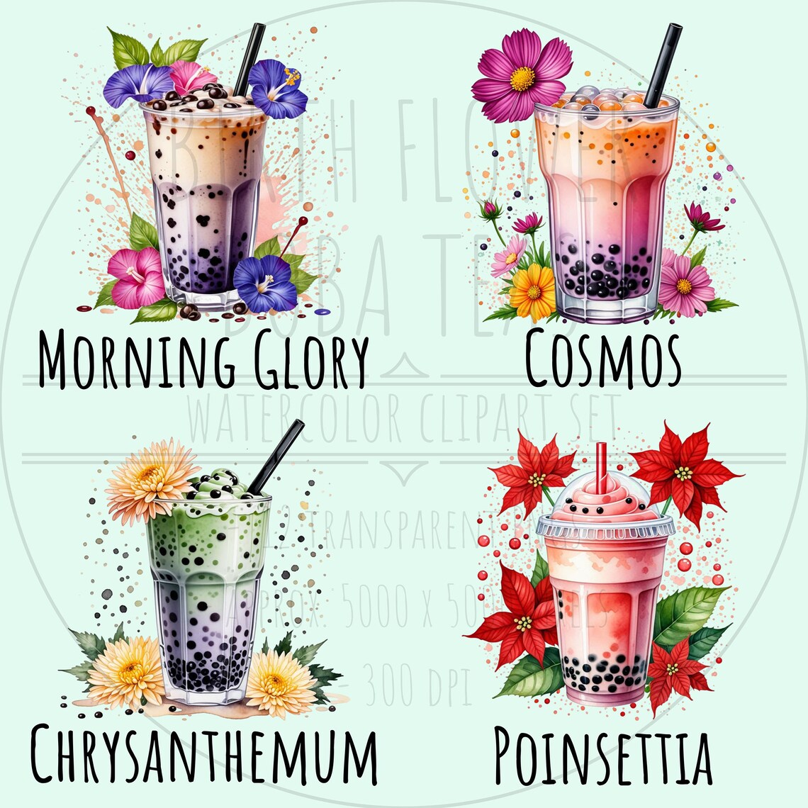 Birth Flower Boba Tea Clipart Set, 12 Pngs, Boba Clipart, Birth Flower ...