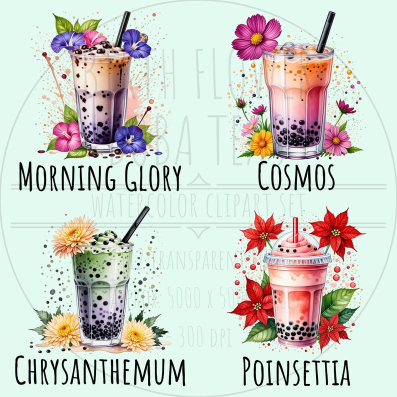 Birth Flower Boba Tea Clipart Set, 12 Pngs, Boba Clipart, Birth Flower ...