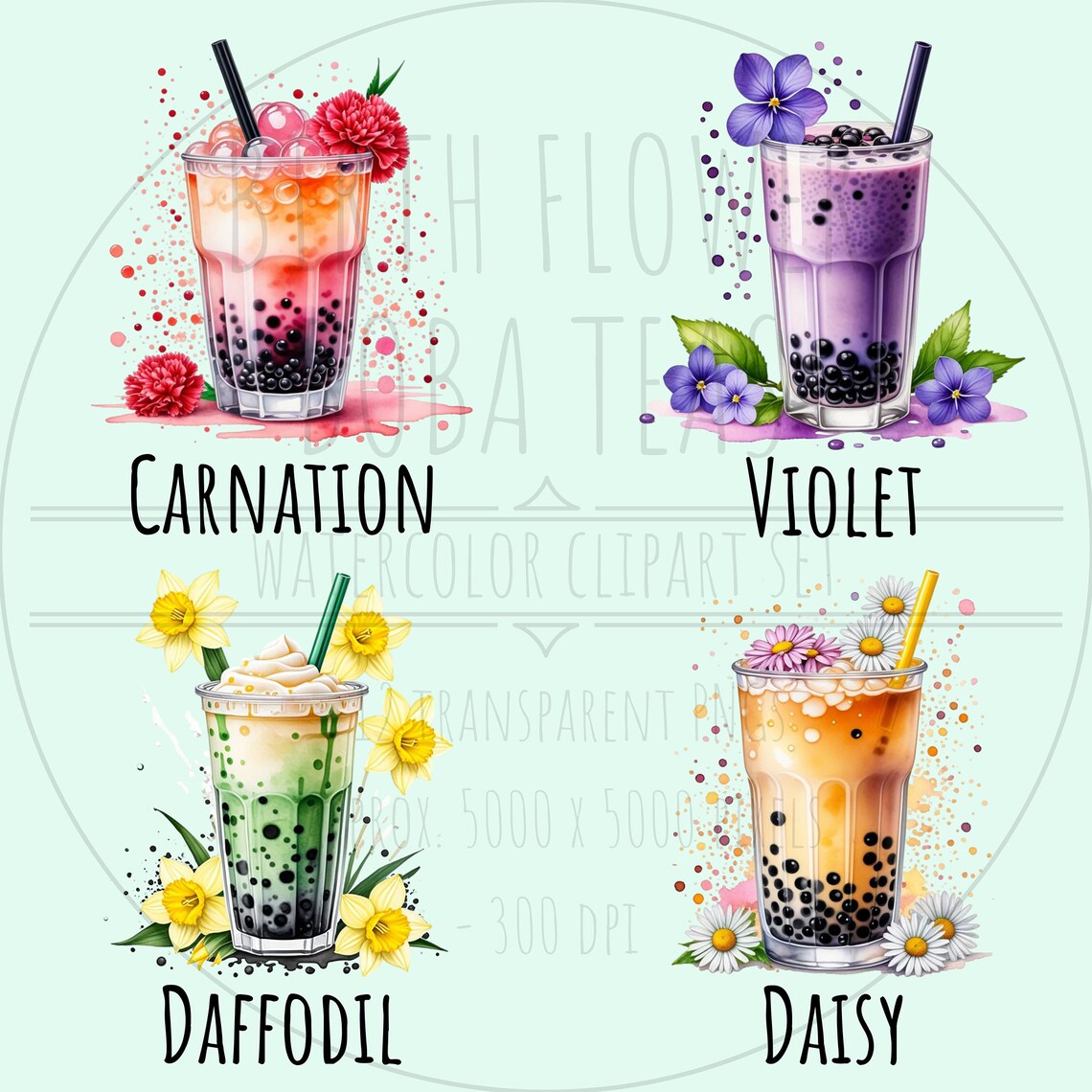 Birth Flower Boba Tea Clipart Set, 12 Pngs, Boba Clipart, Birth Flower ...