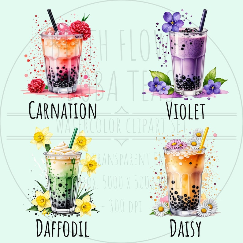 Birth Flower Boba Tea Clipart Set, 12 Pngs, Boba Clipart, Birth Flower ...