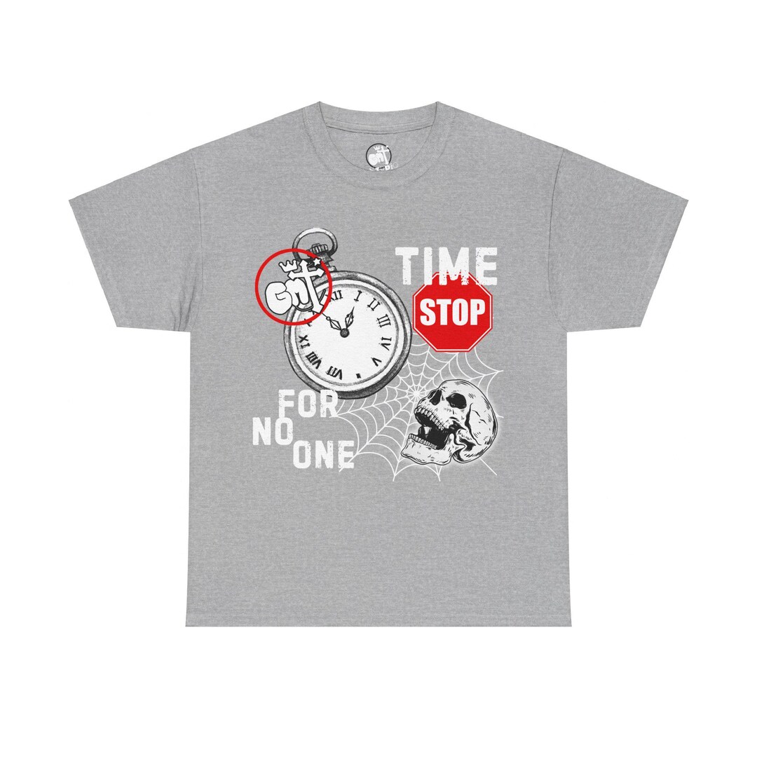 Time Stop for No One Graphic Tee With Skull and Pocket Watch Design ...