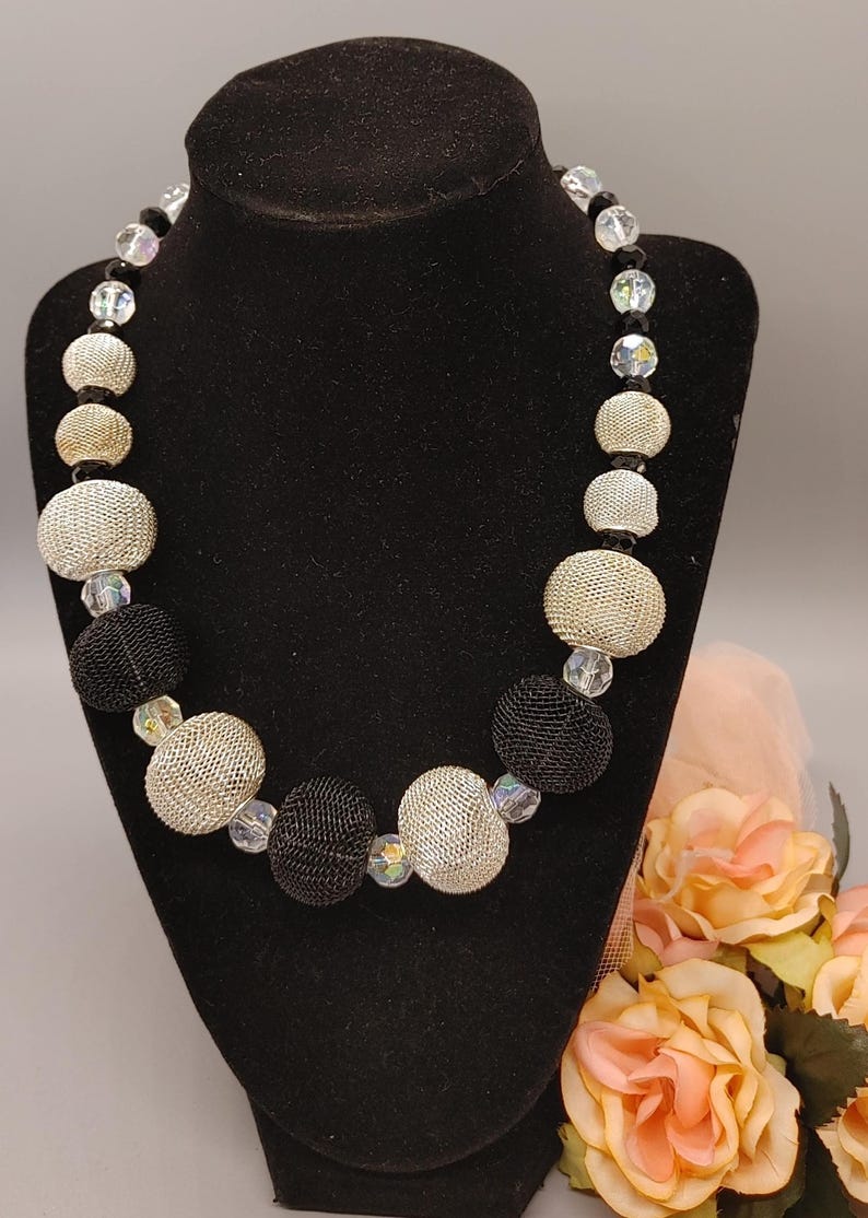 Fun Choker With Large Mesh Beads in Black and Silver Accented With ...