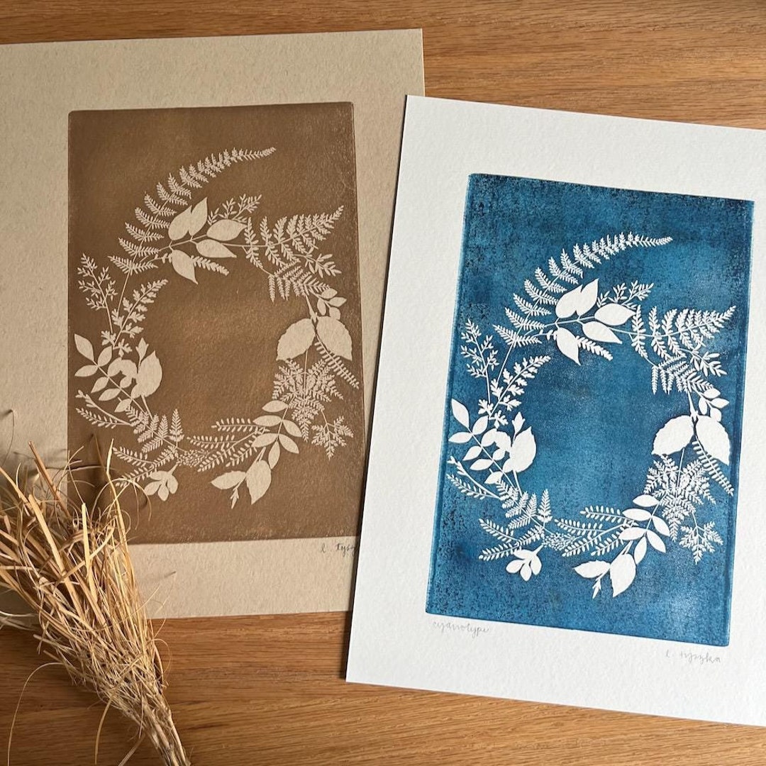 Botanical Linocut Art | Cyanotype Wreath Print | Nature Inspired Art ...