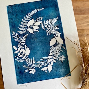 Botanical Linocut Art | Cyanotype Wreath Print | Nature Inspired Art ...
