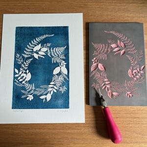 Botanical Linocut Art | Cyanotype Wreath Print | Nature Inspired Art ...