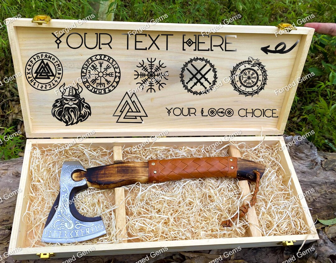 Runes Viking Axe With Personalized Text in Wooden Box – Collectible Axe ...