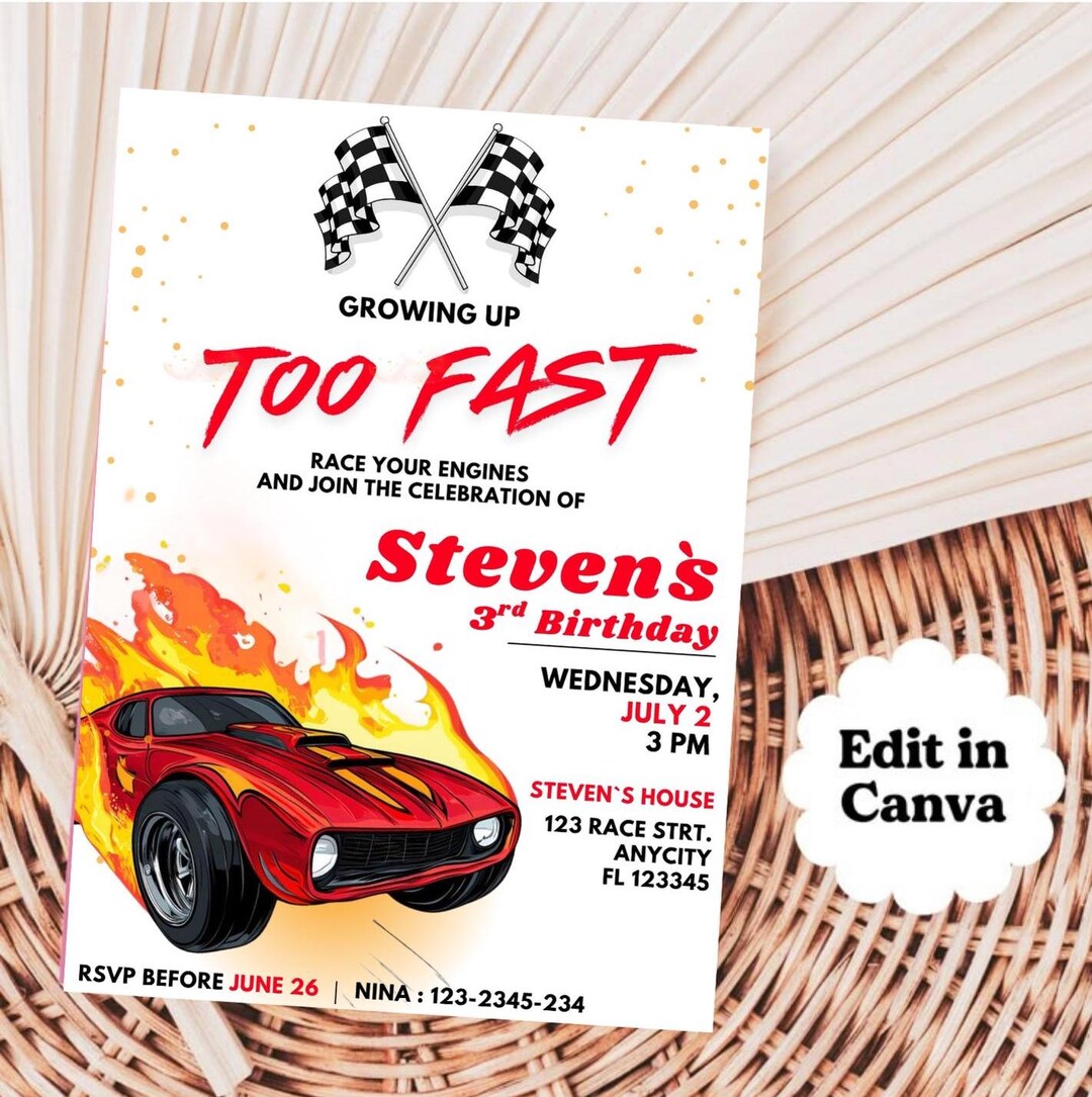 Too Fast Birthday Invitation, Racing Birthday Boy, Race Fast Birthday ...