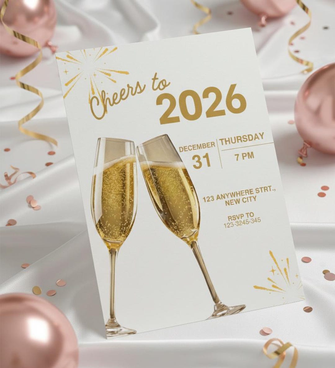 New Year Party 2026 Invitation, Cheers to the New Year Invite, NYE ...
