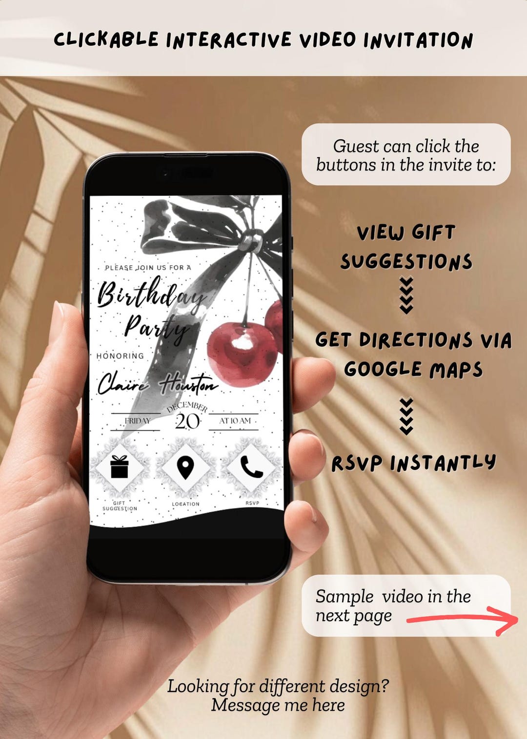 Black Bow Cherry E-vite, Birthday Invitation, Digital Invitation ...