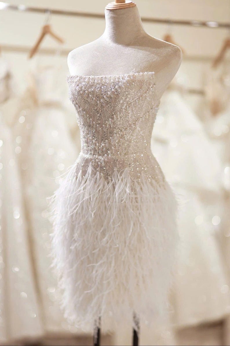Custom Mini Dress for Bride. Elegant Beaded Reception Dress. Feathered ...